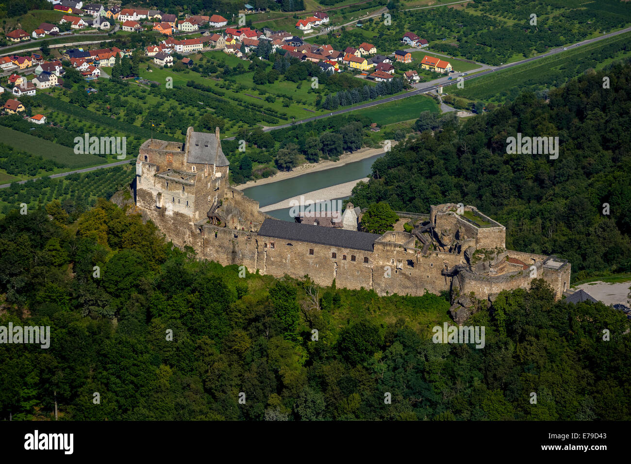 Aerial view, Aggstein Castle, Wachau, Danube Valley, Aggsbach, Lower ...