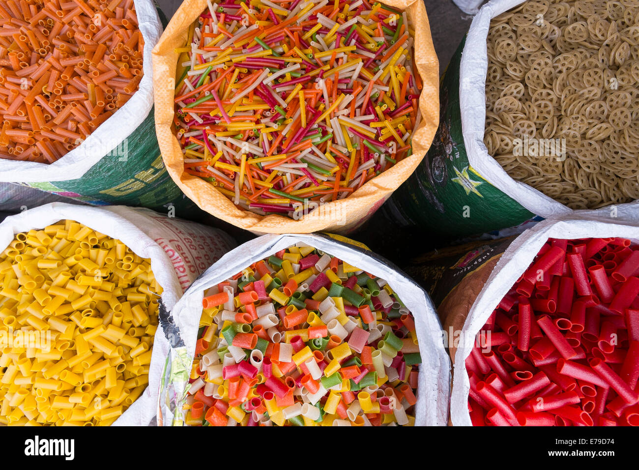 Colourful pasta at a market stall, Mysore, Karnataka, India Stock Photo ...
