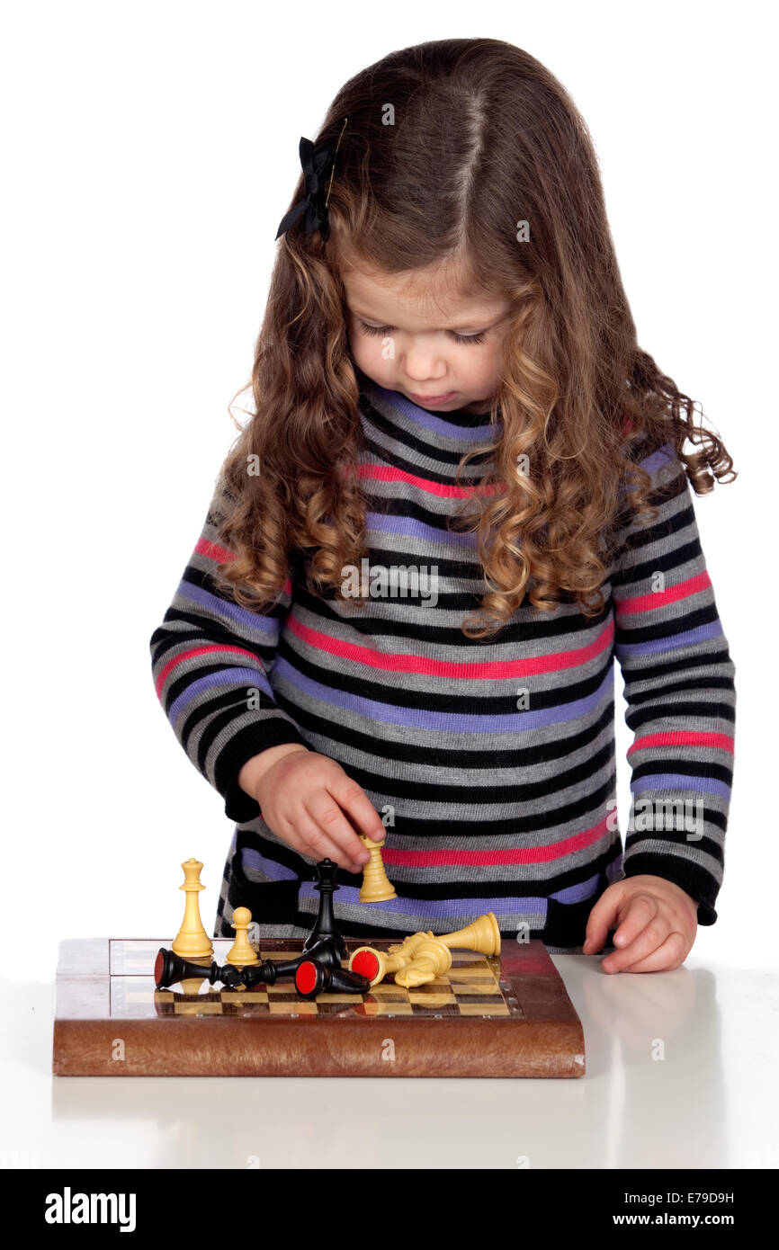 Adorable baby girl playing chess isolated over white background Stock ...