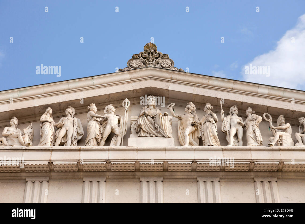 Statues on the facade of the Walhalla memorial, in Donaustauf, Bavaria ...