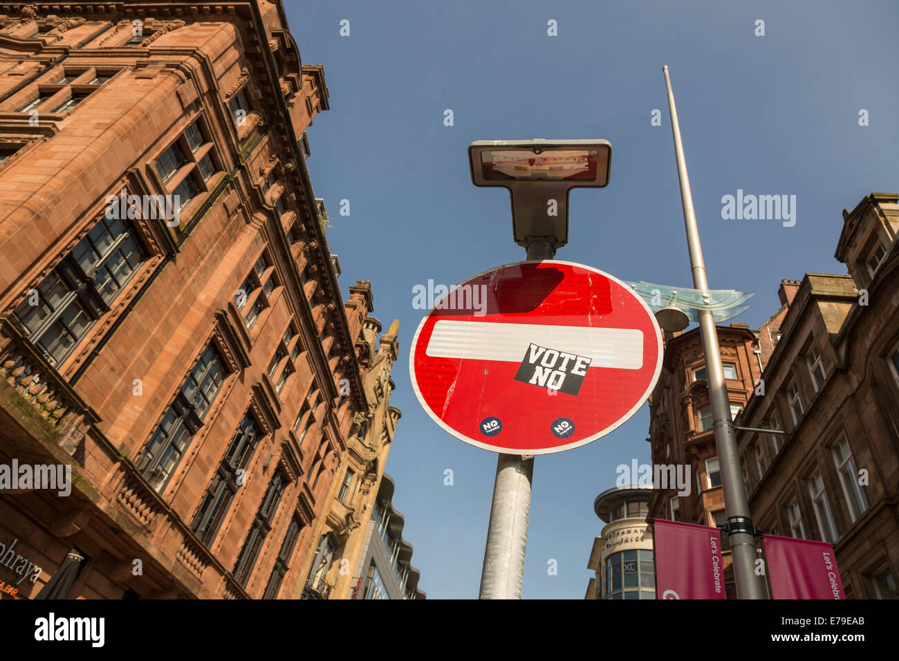 A 'No Entry' sign with 'Vote No' stickers stuck on it. Representing ...