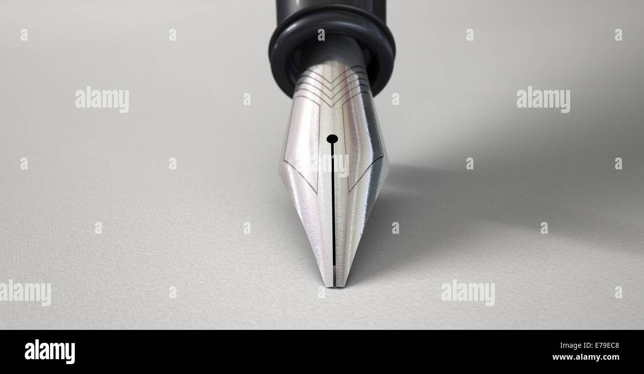 A closeup view of the tip of a fountain pen resting in a drawing ...