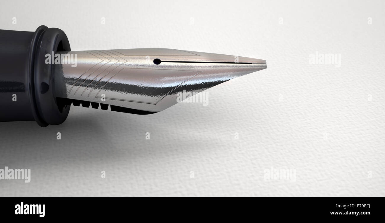 A closeup view of the tip of a fountain pen resting on a textured white ...