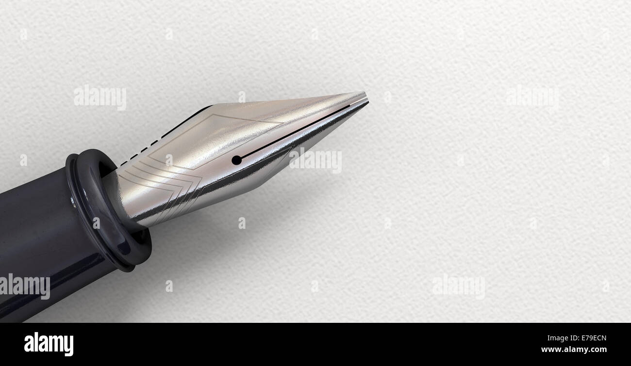 A closeup view of the tip of a fountain pen resting on a textured white ...