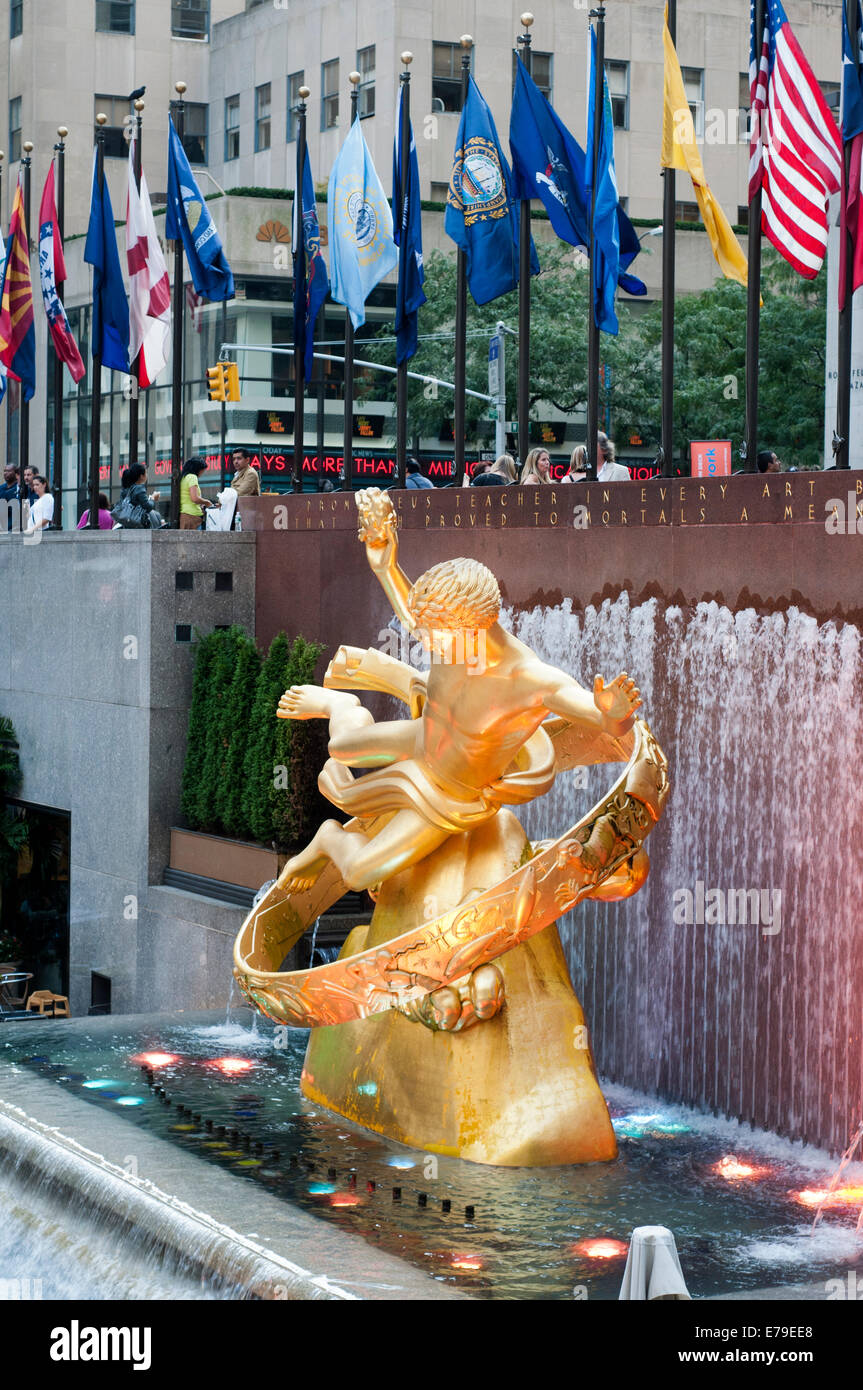 Flags lined up in a row outside Rockefeller Center in Manhattan, New ...