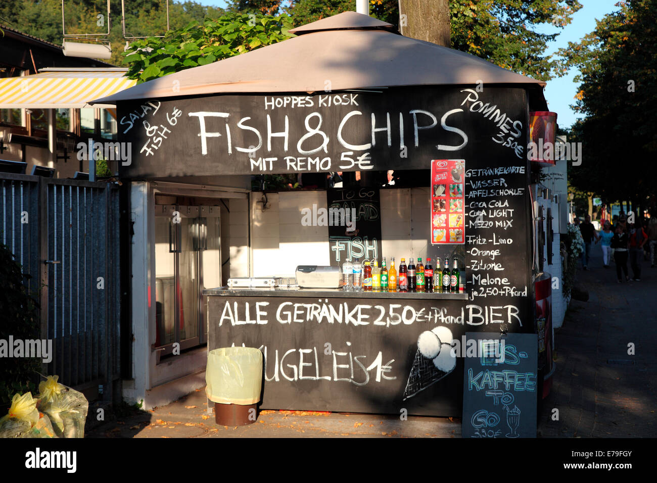 Fish & Chips kiosk on Hamburg Harbour beach Stock Photo - Alamy