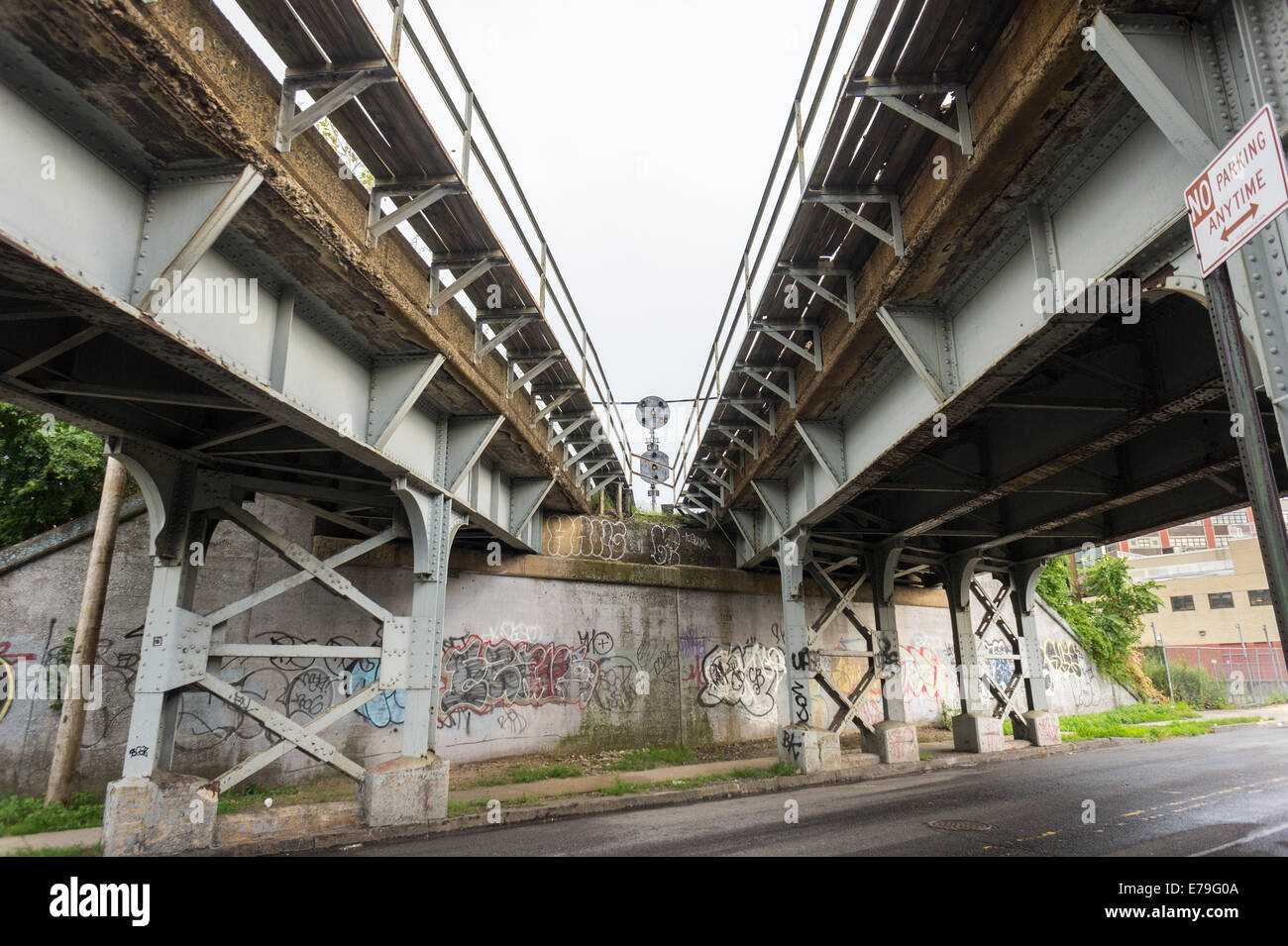 Converging tracks on a trestle over the street in Long Island City in ...