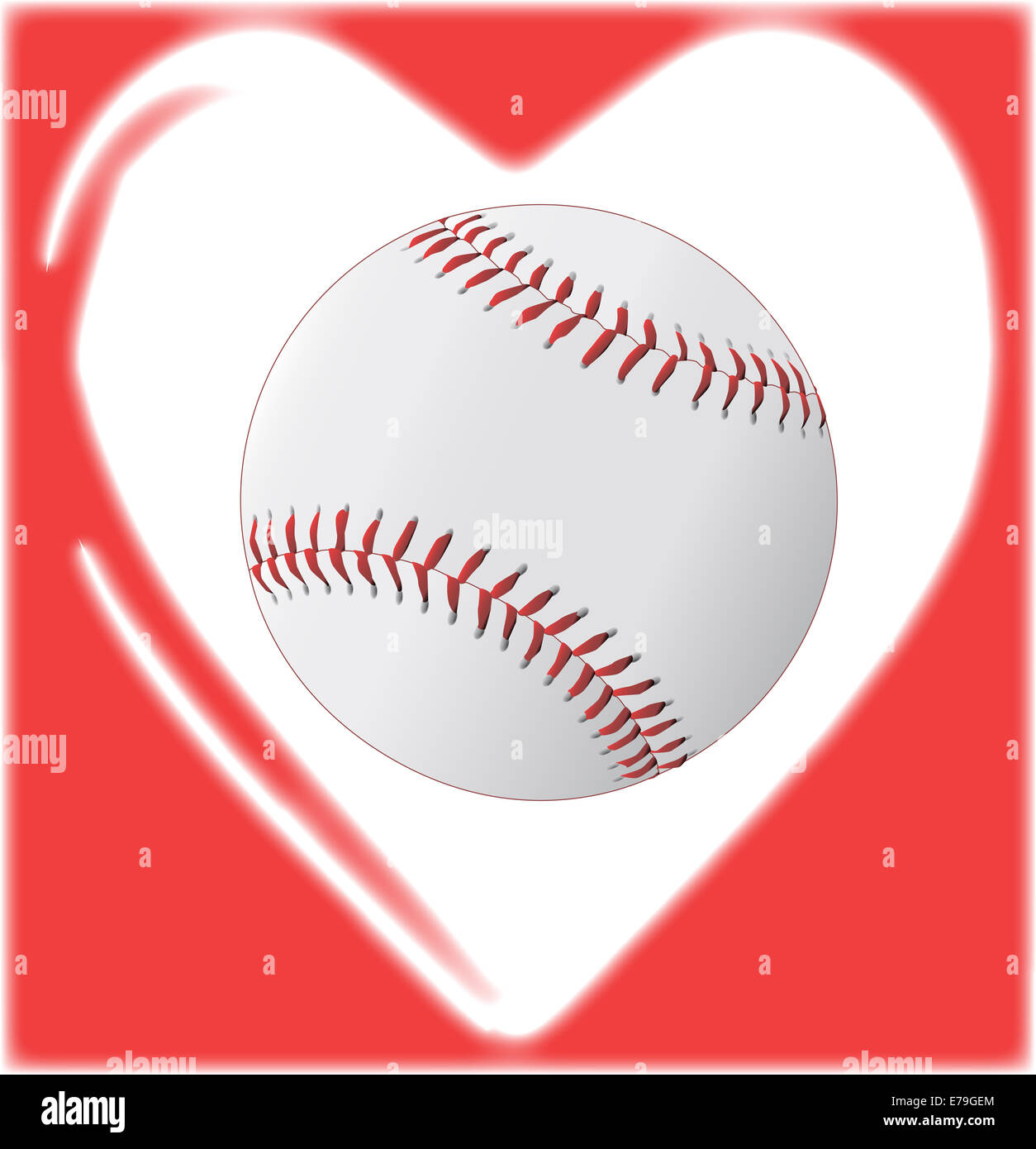 A new white baseball with red stitching in a traditional cartoon heart ...