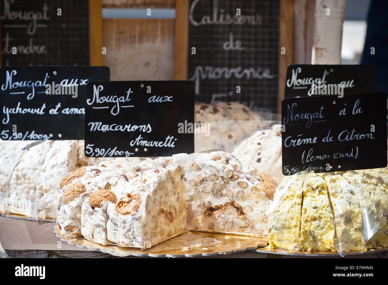 Nougat selling in a french market. Local specialty in the South of ...