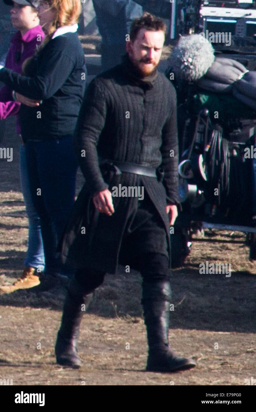 Michael Fassbender sports a cut on his head whilst filming for 'Macbeth ...