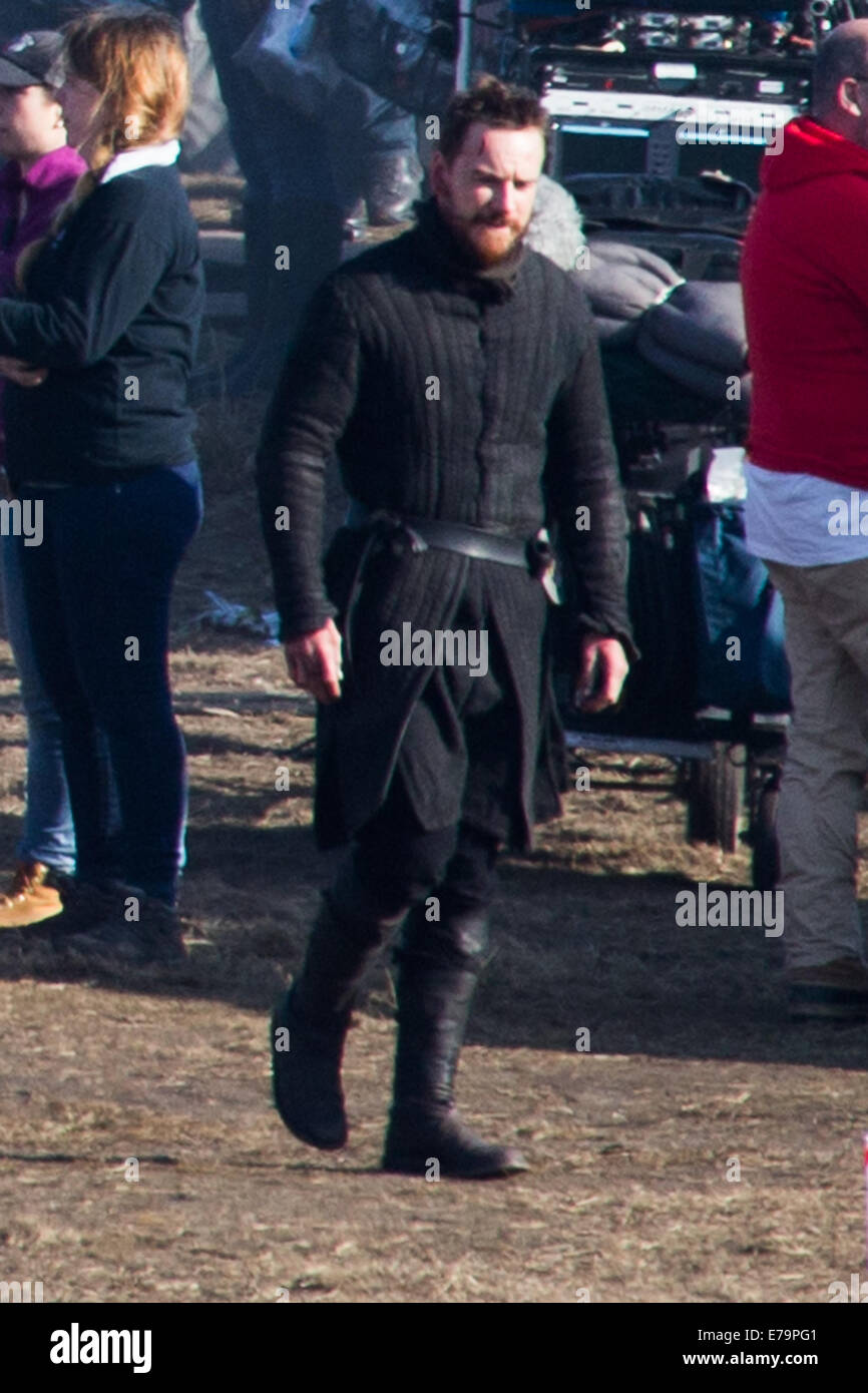 Michael Fassbender sports a cut on his head whilst filming for 'Macbeth ...