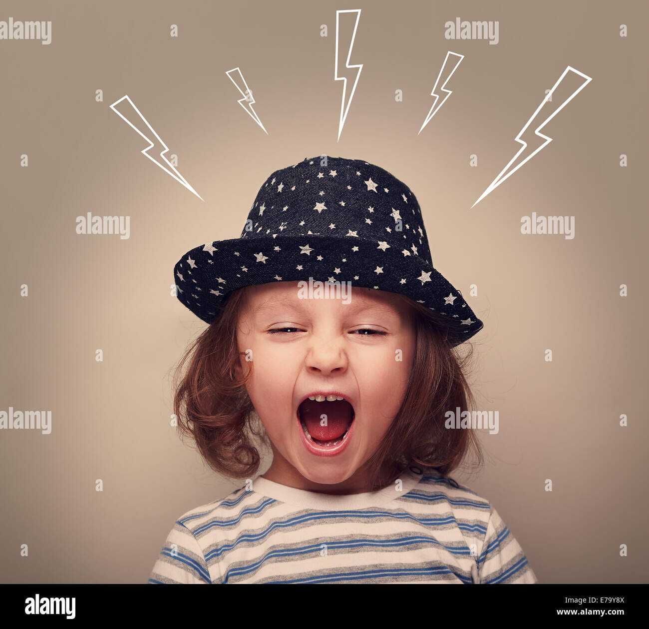 Shouting angry small kid with open mouth and lightnings above Stock ...