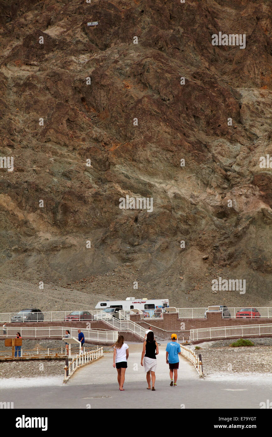 Tourists at Badwater Basin, 282 ft (86 m) below sea level (lowest land ...