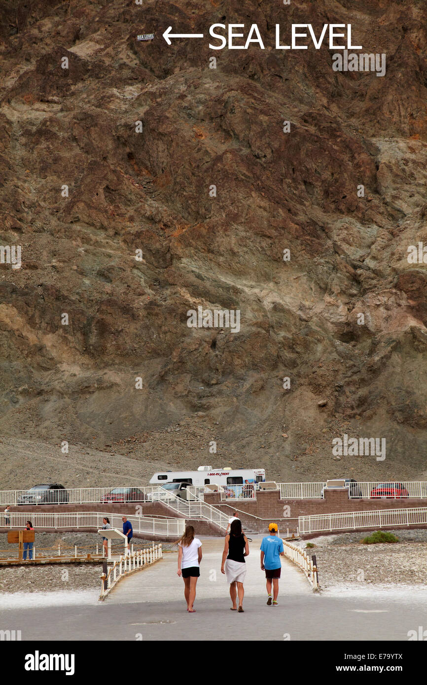Tourists at Badwater Basin, 282 ft (86 m) below sea level (lowest land ...