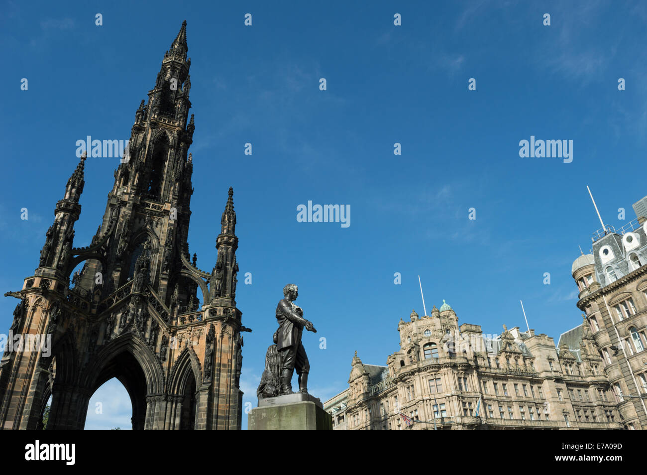 The Scott Monument, Livingstone statue and Jenners store under a blue ...