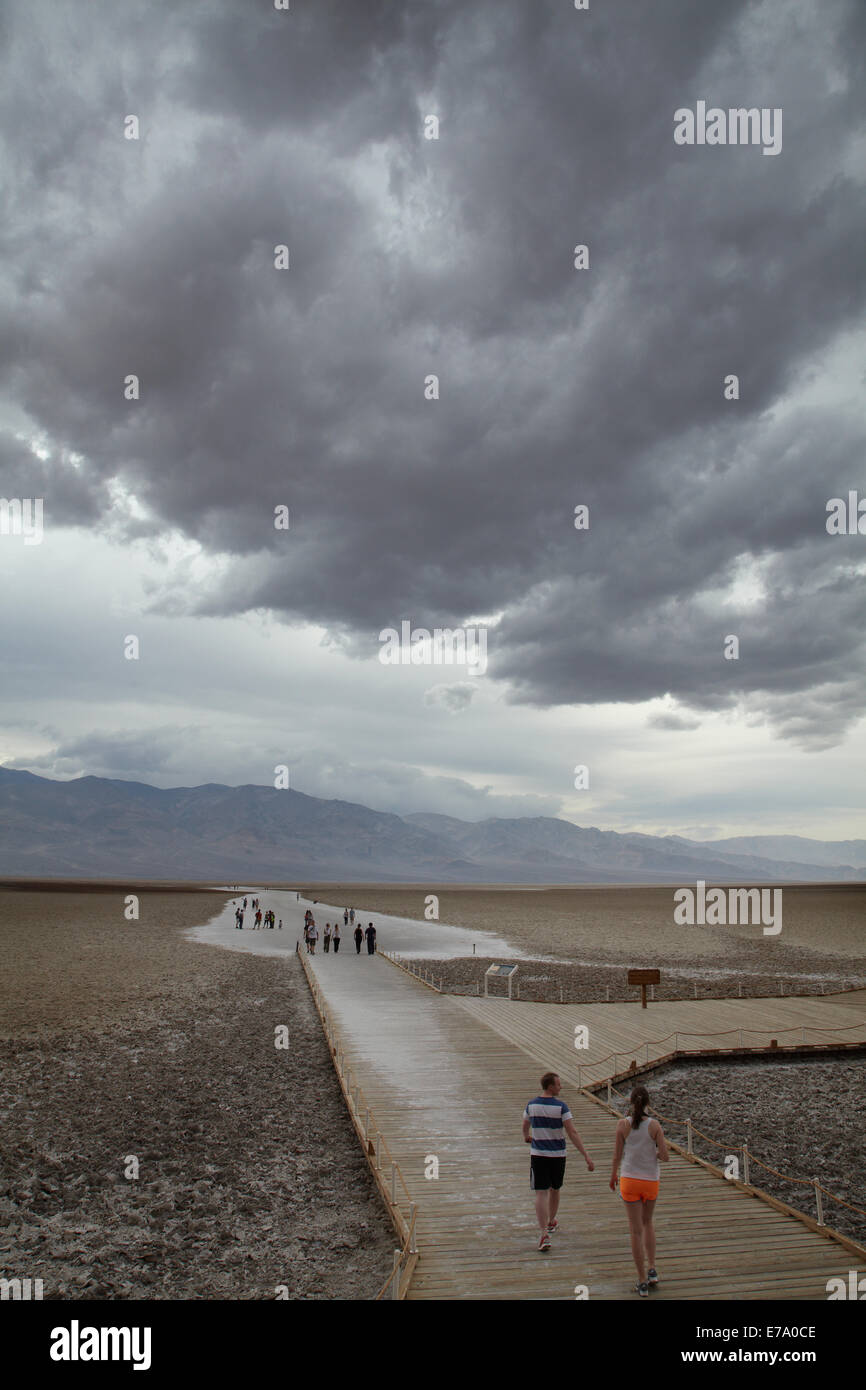 Tourists at Badwater Basin, 282 ft (86 m) below sea level (lowest land ...