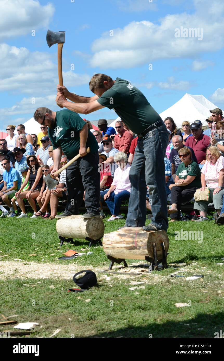 Lumberjacks compete in horizontal log chopping event Stock Photo - Alamy