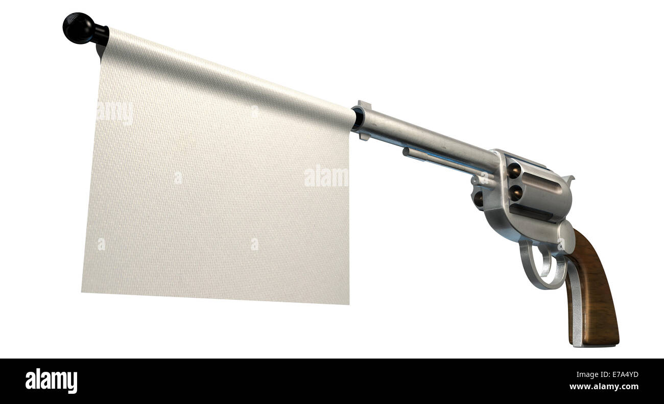 A six shooter gun with a blank white flag coming out the barrel on an ...