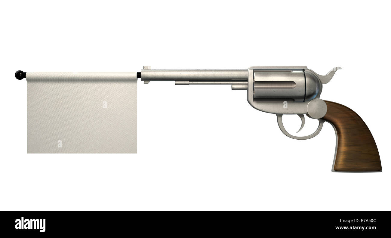A six shooter gun with a blank white flag coming out the barrel on an ...