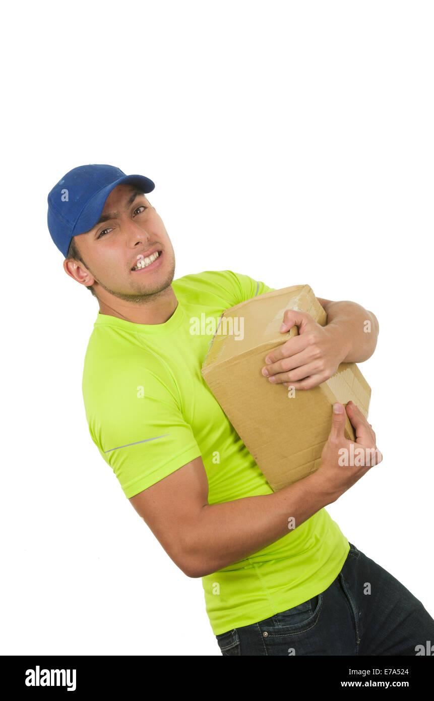 handsome friendly latin courier man carrying box Stock Photo - Alamy