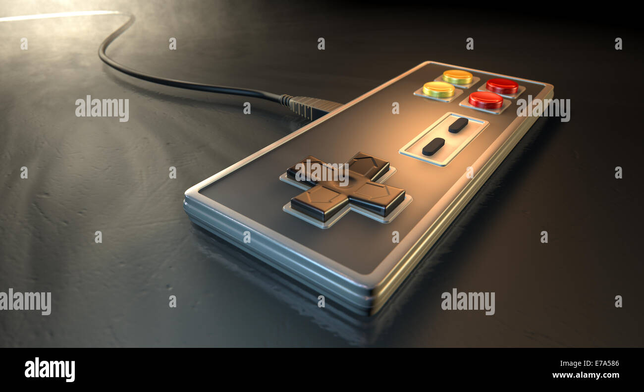 A regular vintage rectangular gaming controller with red and yellow ...