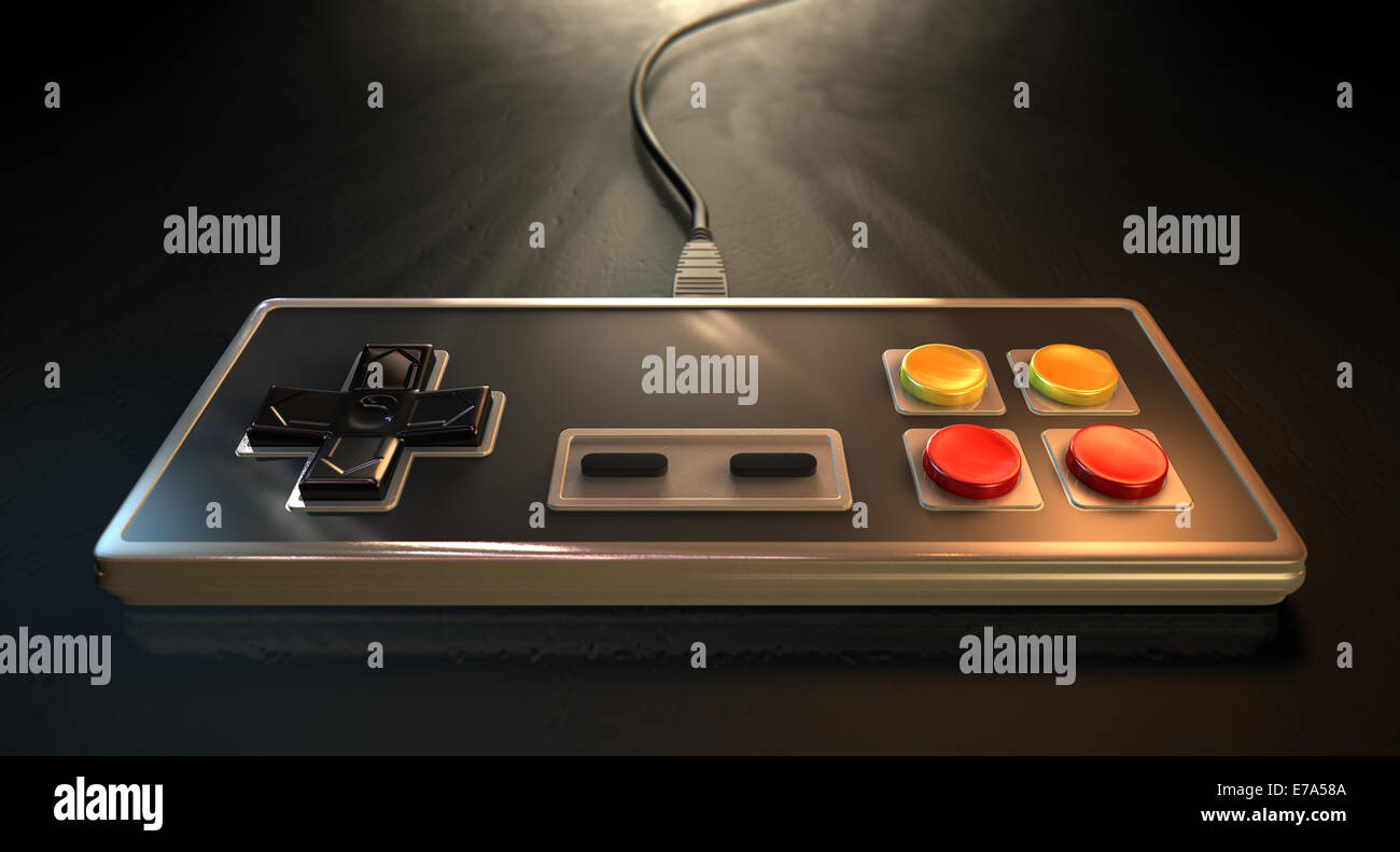 A regular vintage rectangular gaming controller with red and yellow ...