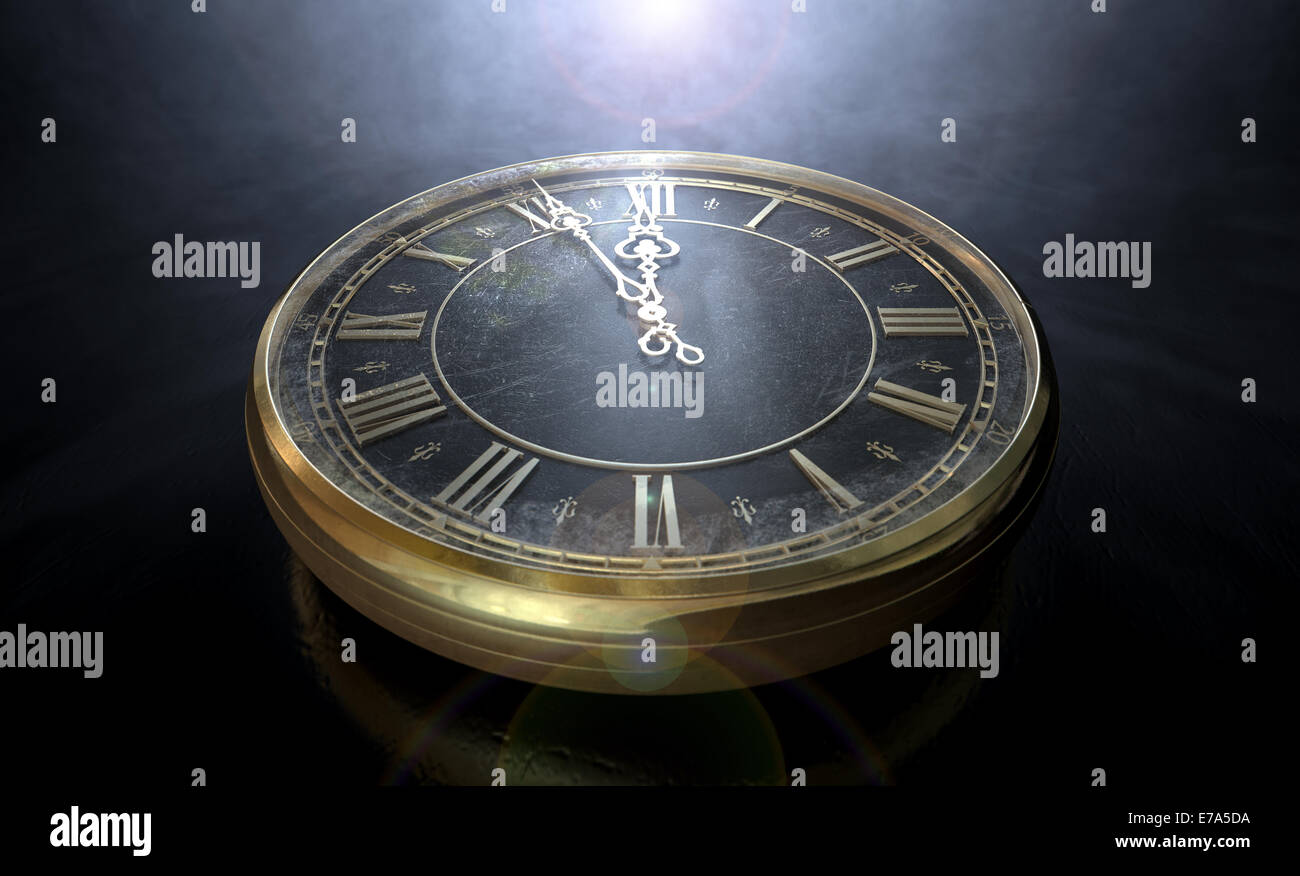 An extreme closeup of a section of a round antique watch with roman ...