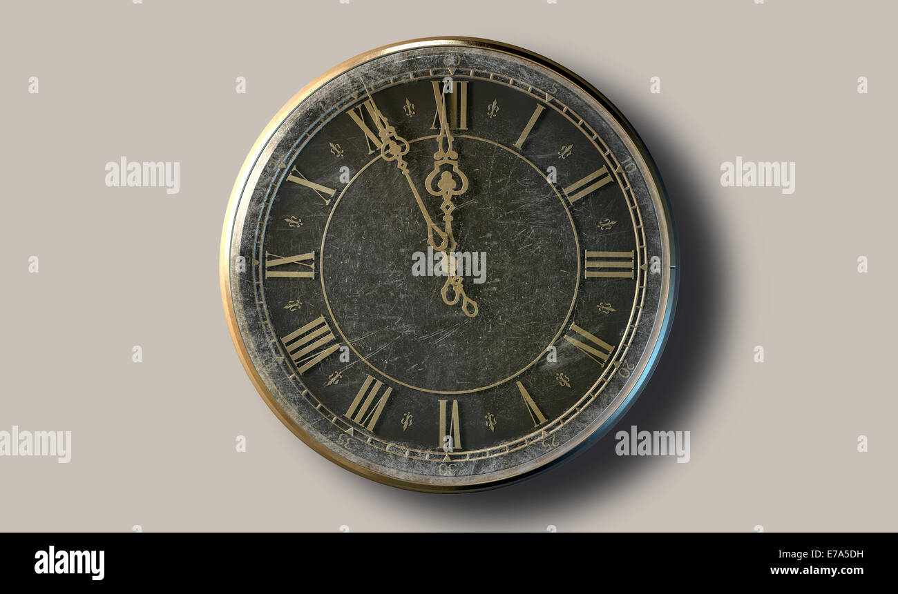 An extreme closeup of a section of a round antique watch with roman ...