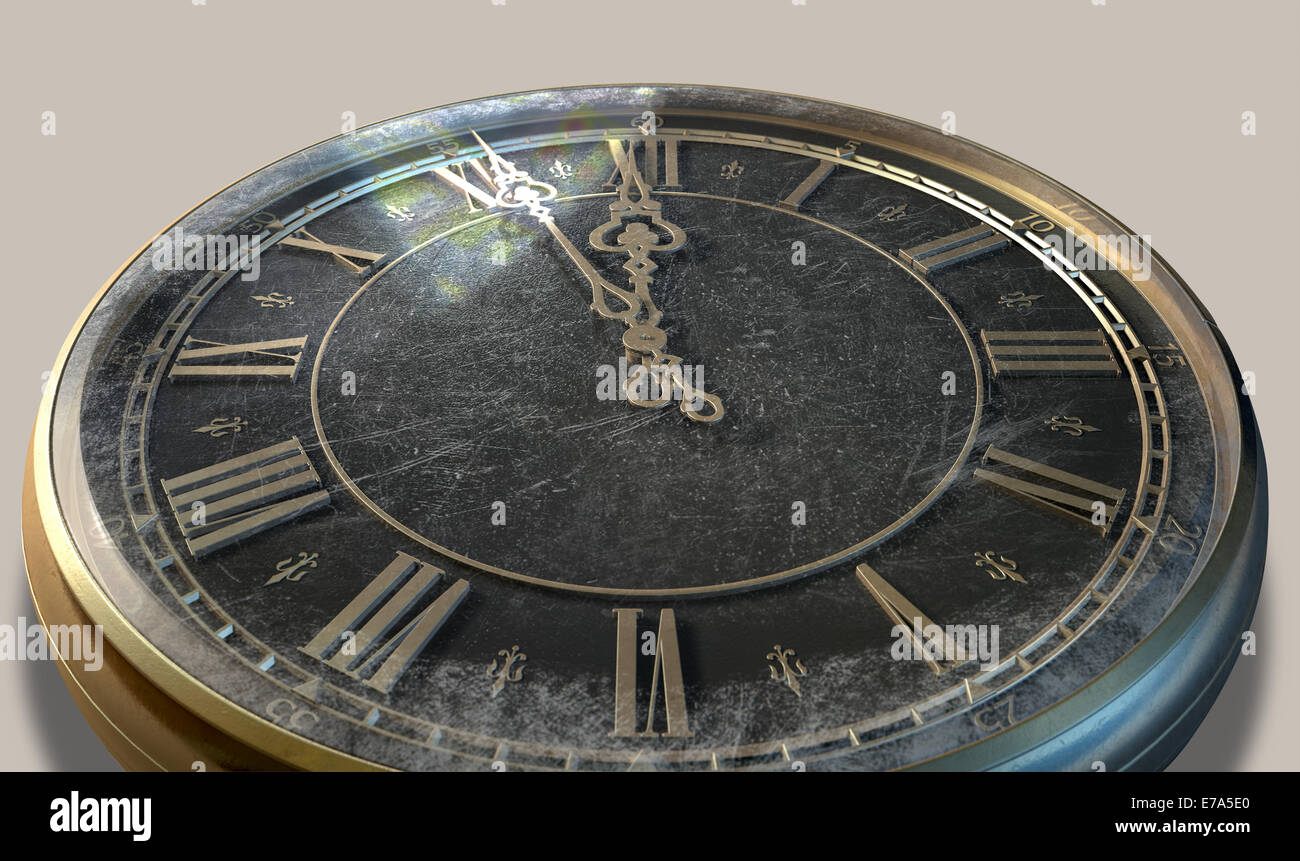 An extreme closeup of a section of a round antique watch with roman ...