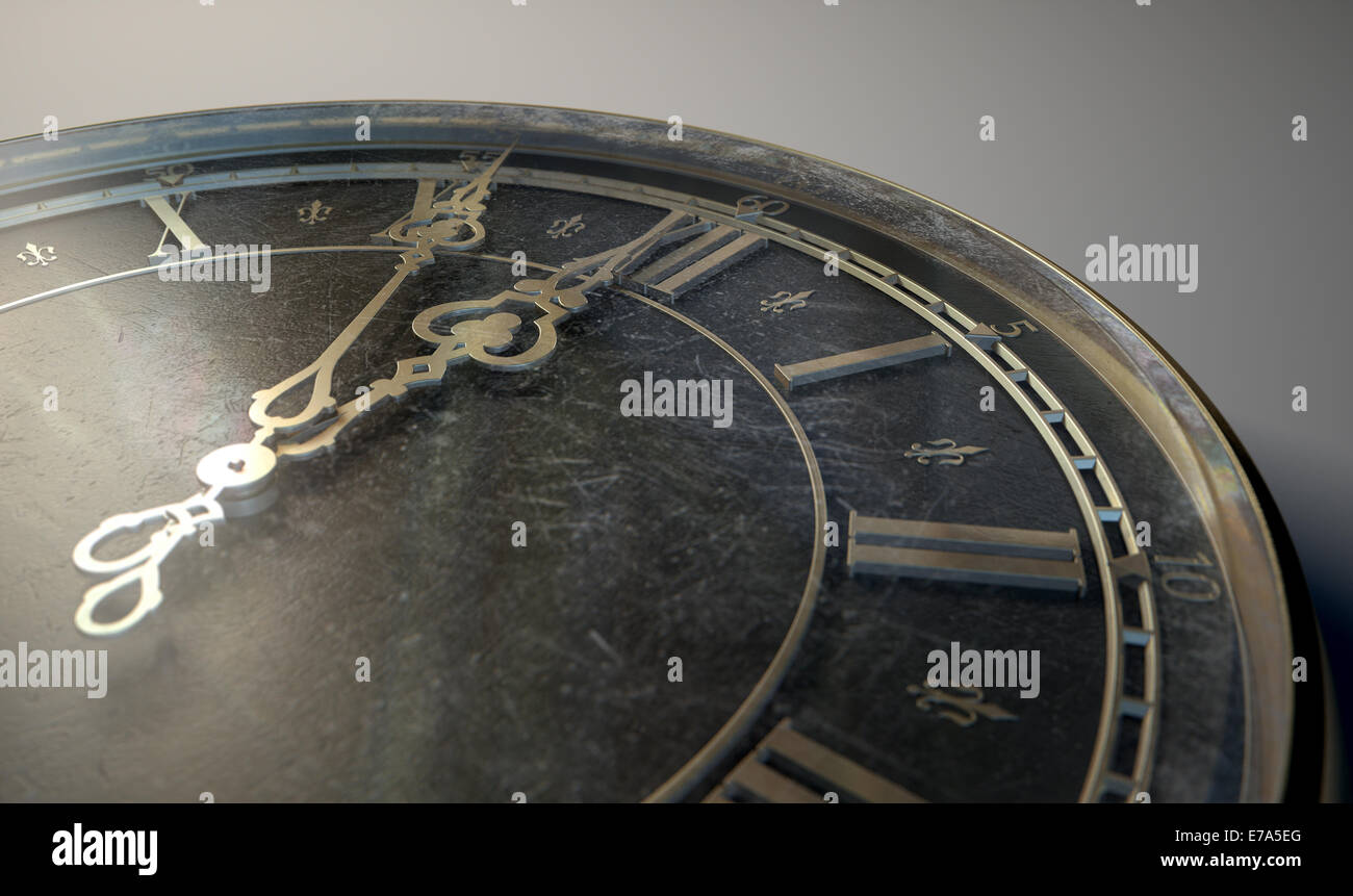 An extreme closeup of a section of a round antique watch with roman ...