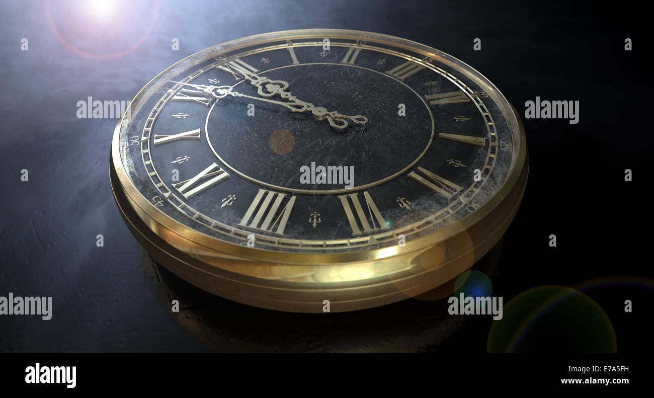 An extreme closeup of a section of a round antique watch with roman ...
