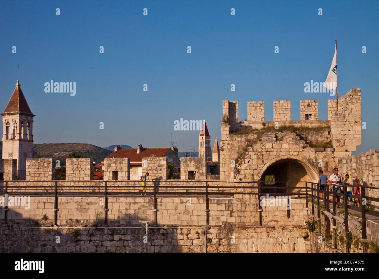 Watch walk, tower and battlements of Kamerlengo castle and fortress in ...