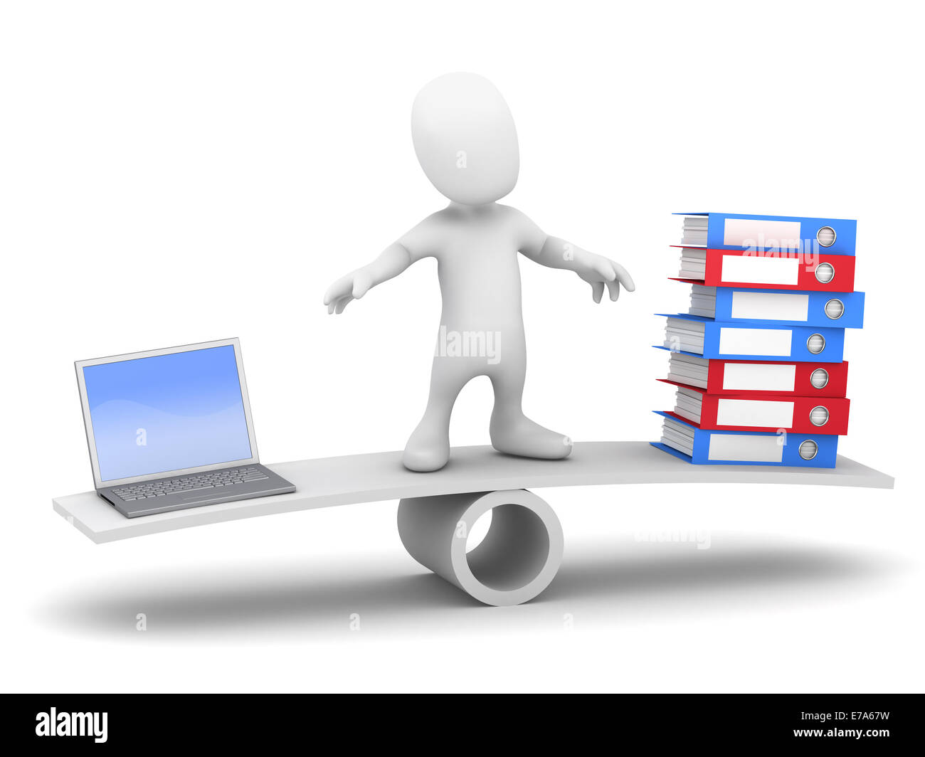 3d render of a little person on a seesaw balancing a laptop and folders ...