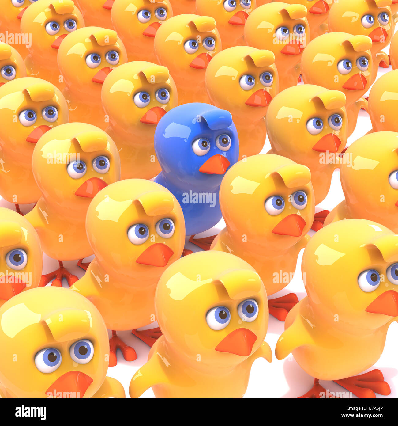 3d render of blue chicks amongst yellow chicks Stock Photo - Alamy
