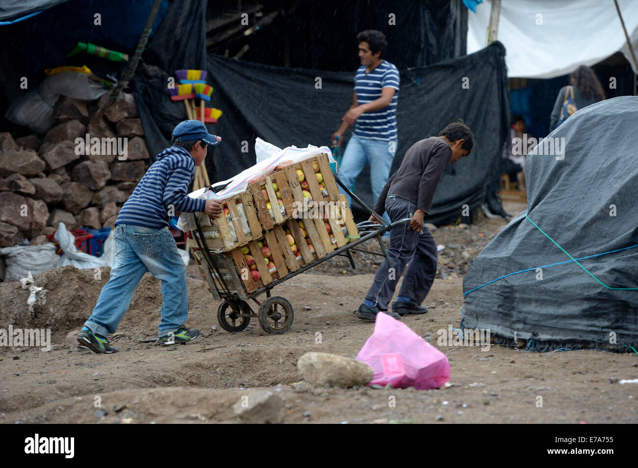 Child labour, two boys working as porters at a market, Ayacucho ...