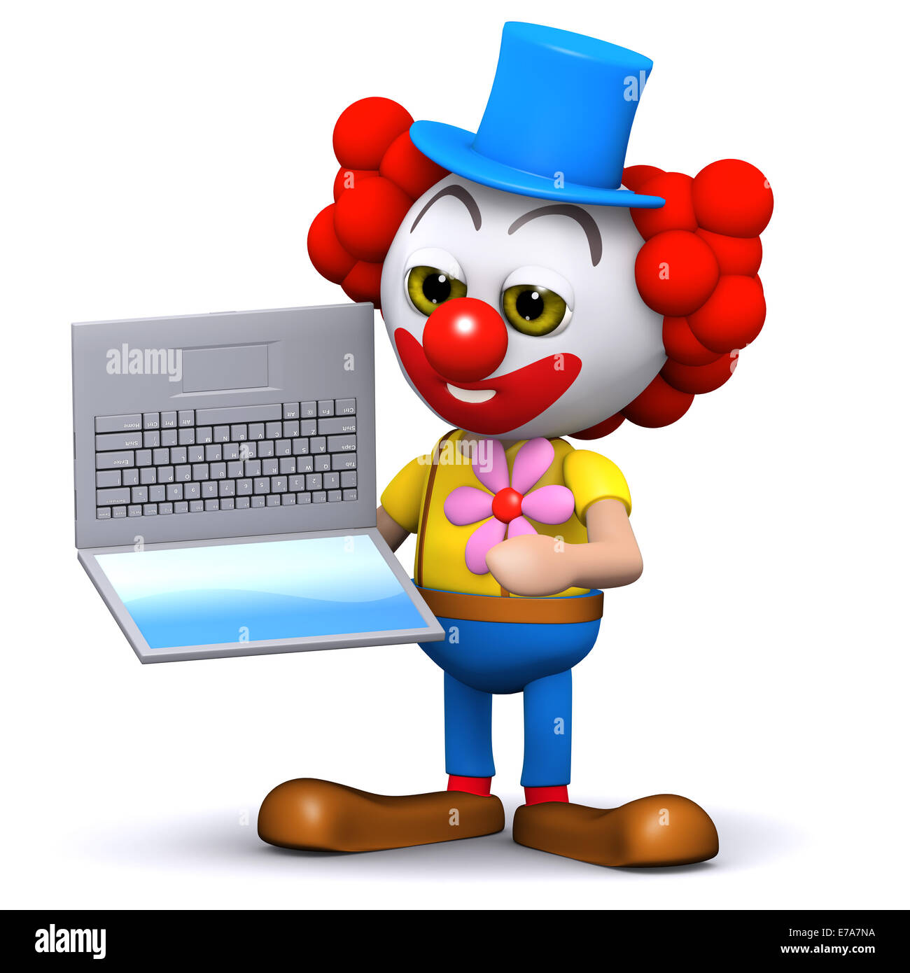 3d clown character holding a laptop upside down Stock Photo - Alamy