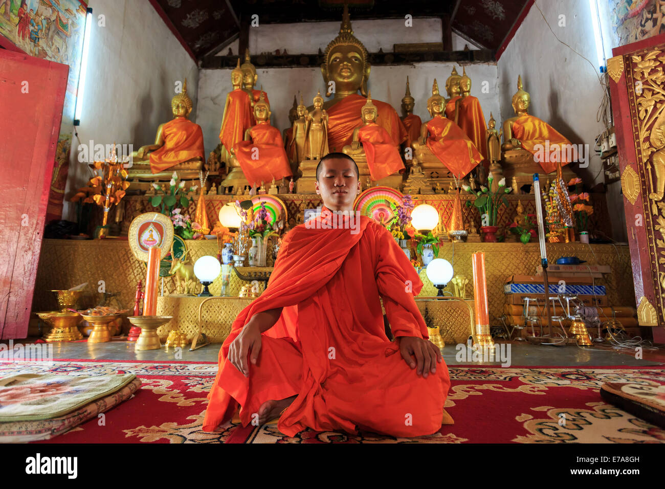 A monk meditating in the lotus position in front of golden Buddhas ...