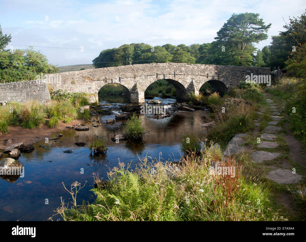 Historic Packhorse bridge at Postbridge, Dartmoor national park, Devon ...