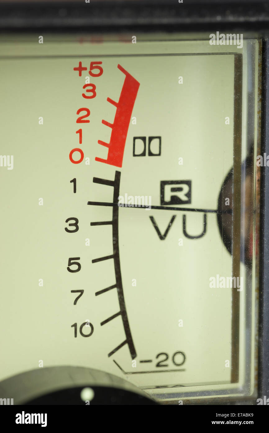 VU meter, audio signal volume unit, with needles indicating good levels ...