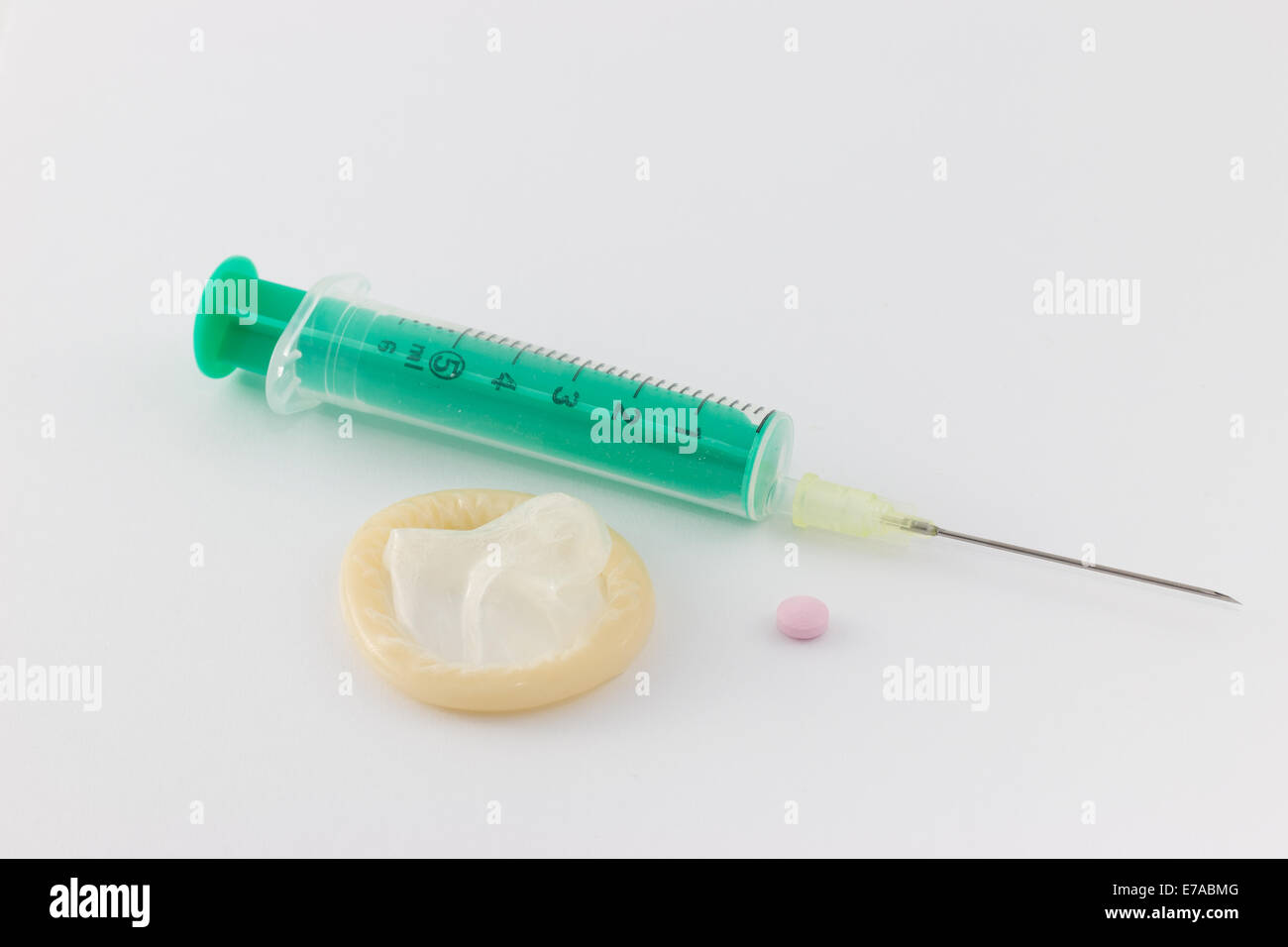 Contraceptives - Depot syringe, condom, pill Stock Photo - Alamy