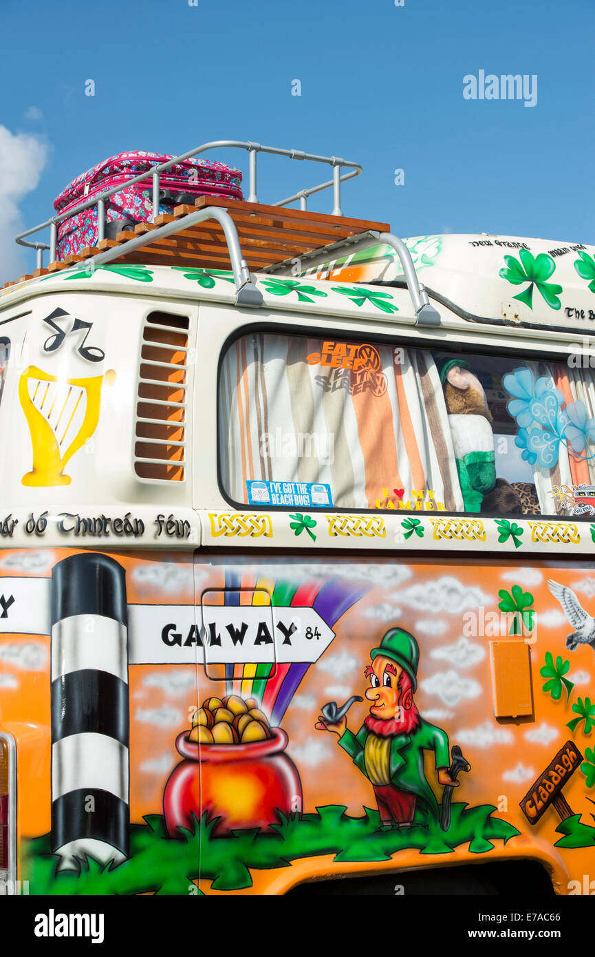 Irish themed painted VW Volkswagen camper van at a VW show. England ...