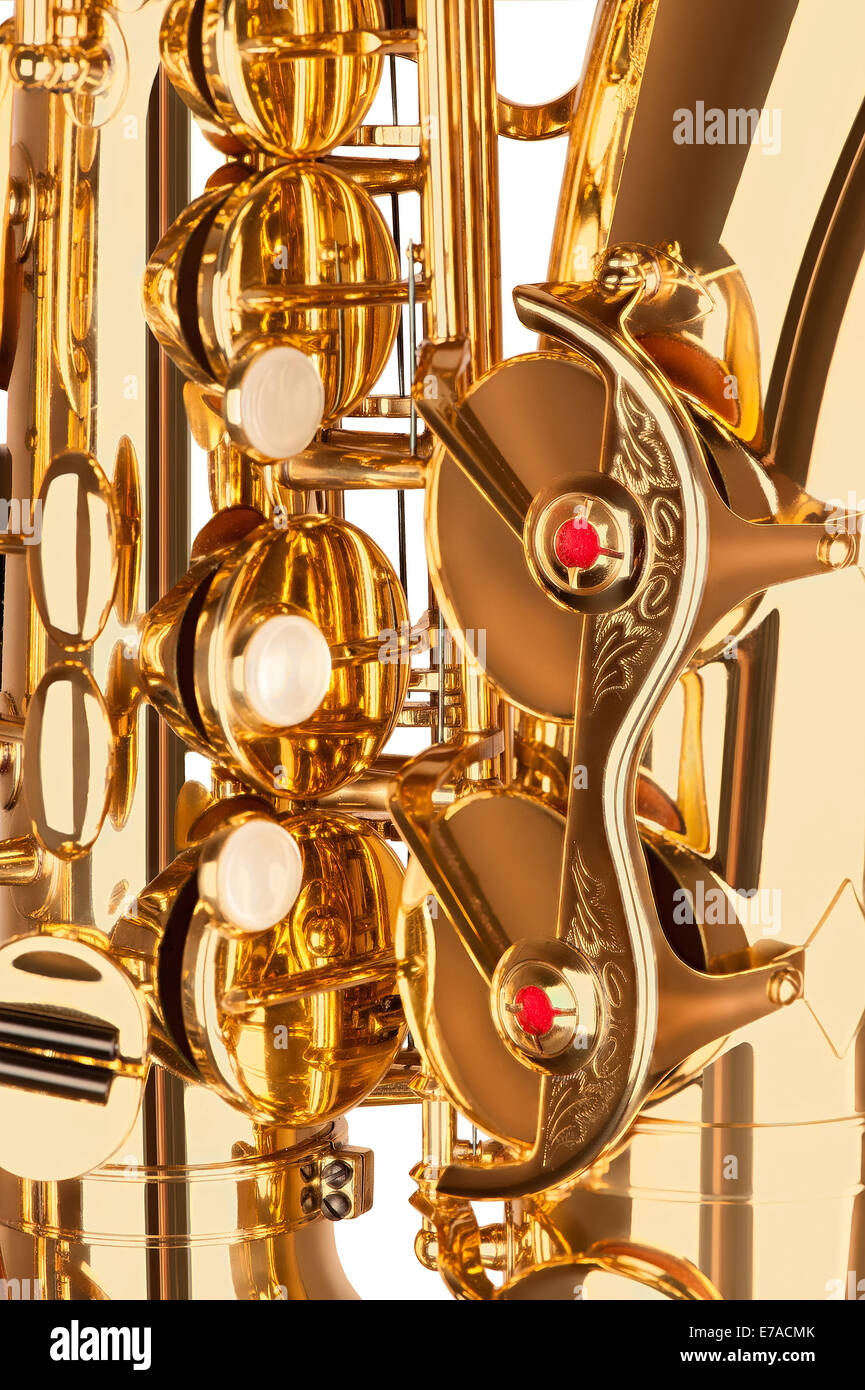 Alto saxophone elements closeup Stock Photo - Alamy