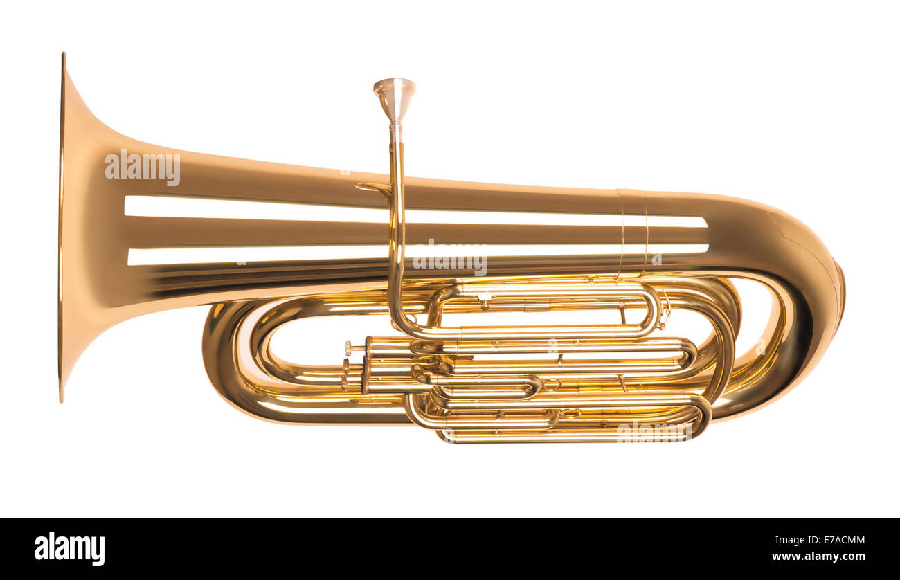 Golden tuba in hard light isolated on white background Stock Photo - Alamy