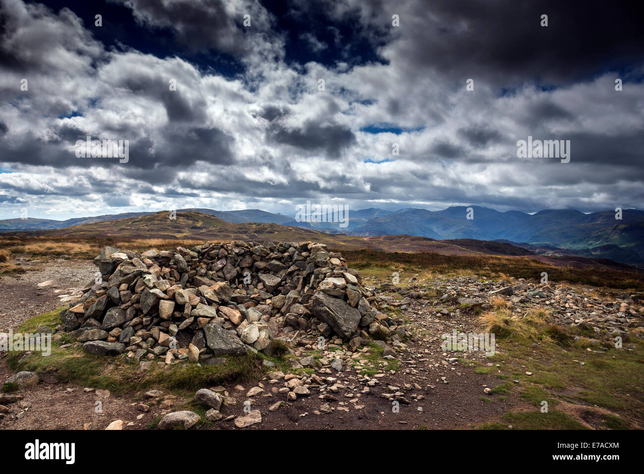 Windbreak made of sandstone on the summit of Bleaberry Fell Lake ...