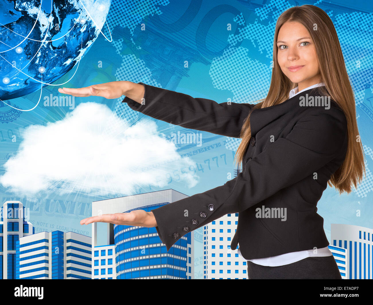 Beautiful businesswoman in suit holding cloud Stock Photo - Alamy
