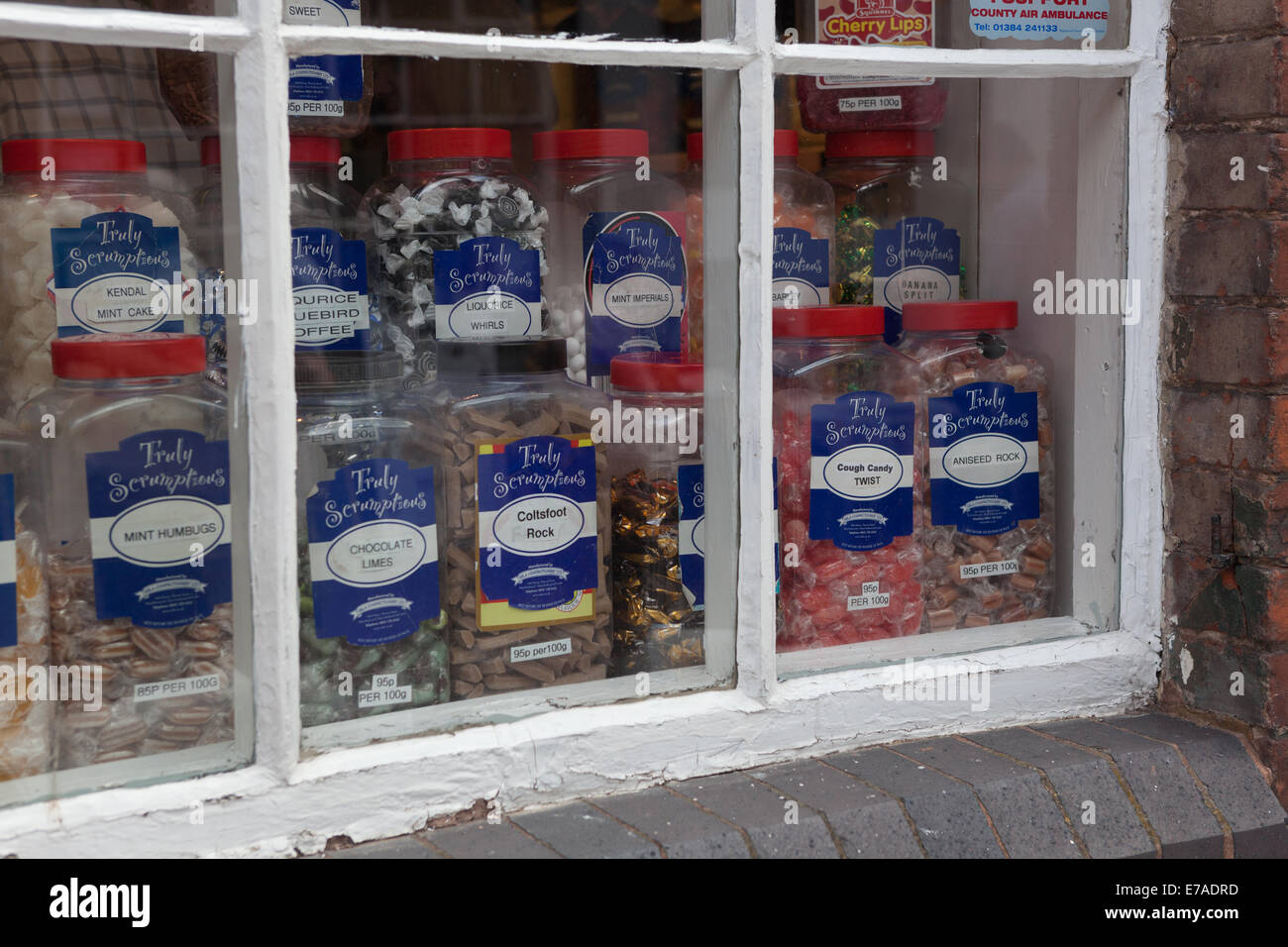 Jars of sweets in a traditional sweet shop window in Lichfield ...