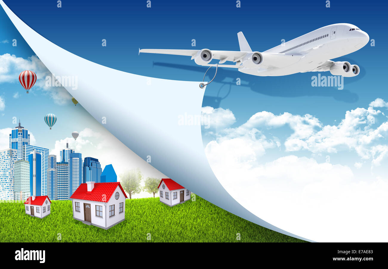 Airplane and landscape with buildings Stock Photo - Alamy