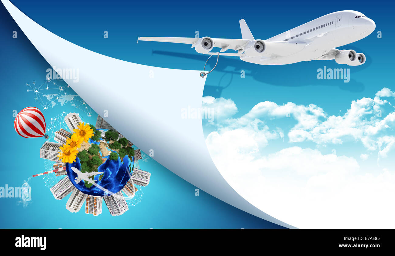 Airplane and Earth with buildings Stock Photo - Alamy