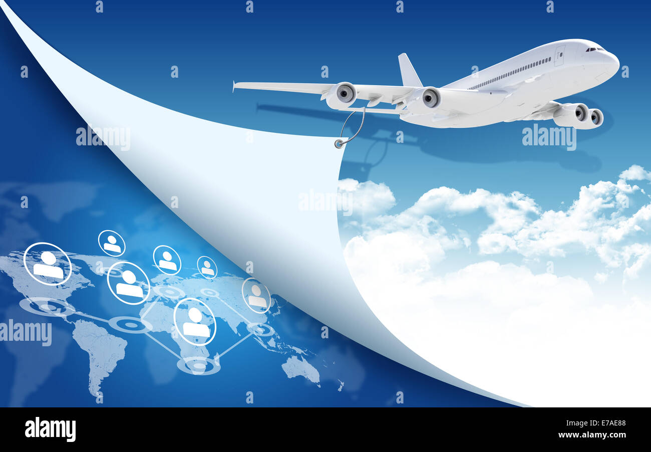 Airplane and world map with network Stock Photo - Alamy