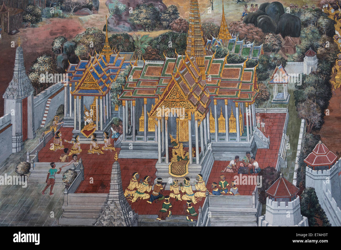 Scene from the Ramakien (Thai Ramayana) in a mural at Wat Phra Kaew in ...